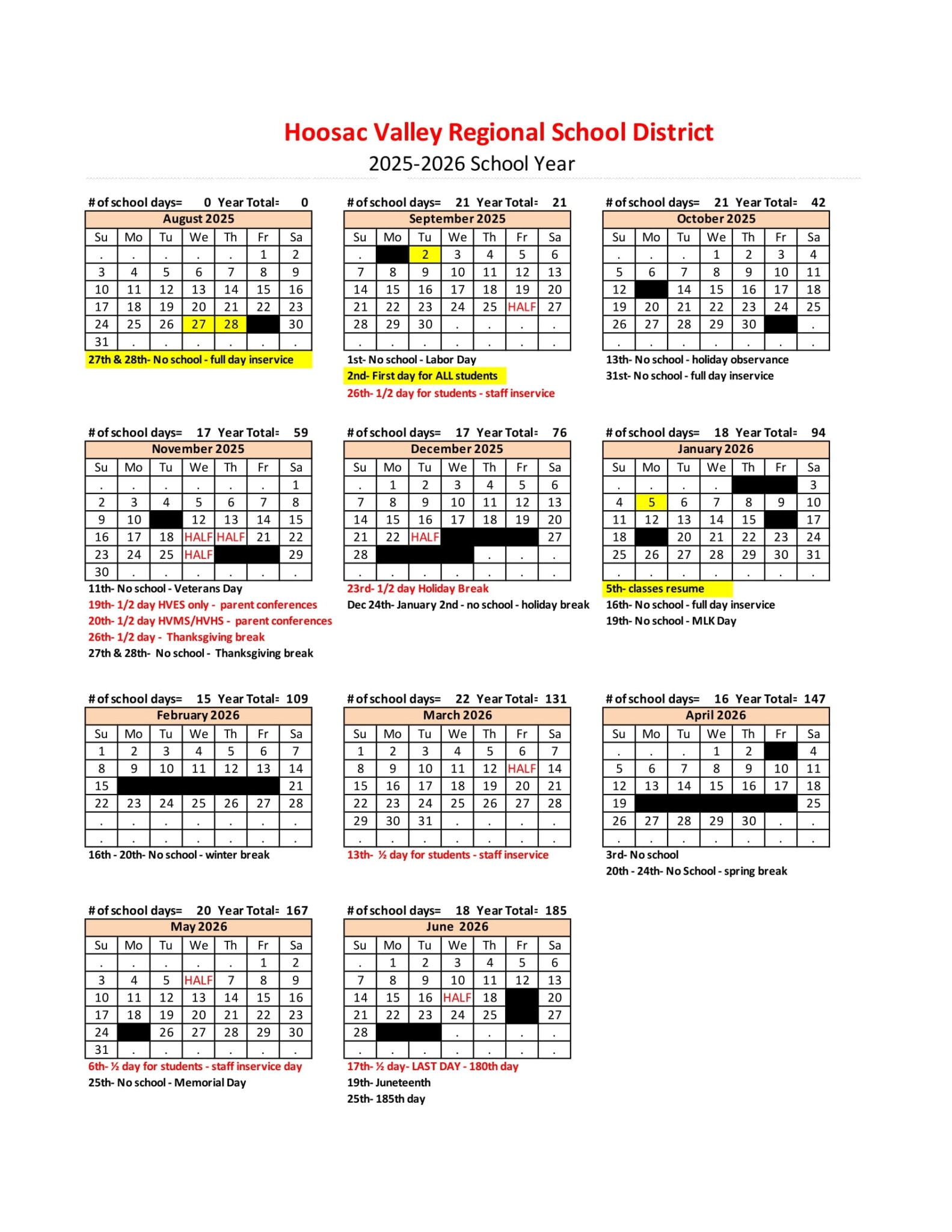 Hoosac Valley Regional school district Calendar 25-26 Revised [PDF ...