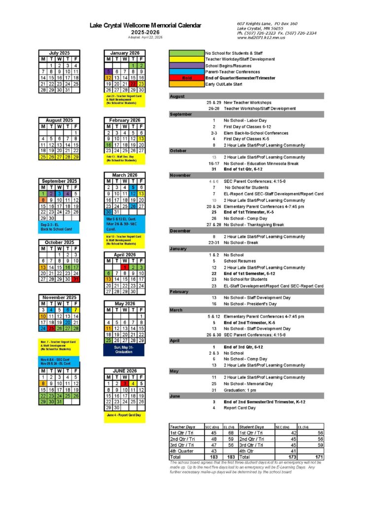 Lake Crystal Wellcome Memorial mn Calendar 25-26 Revised [pdf] - EduCounty