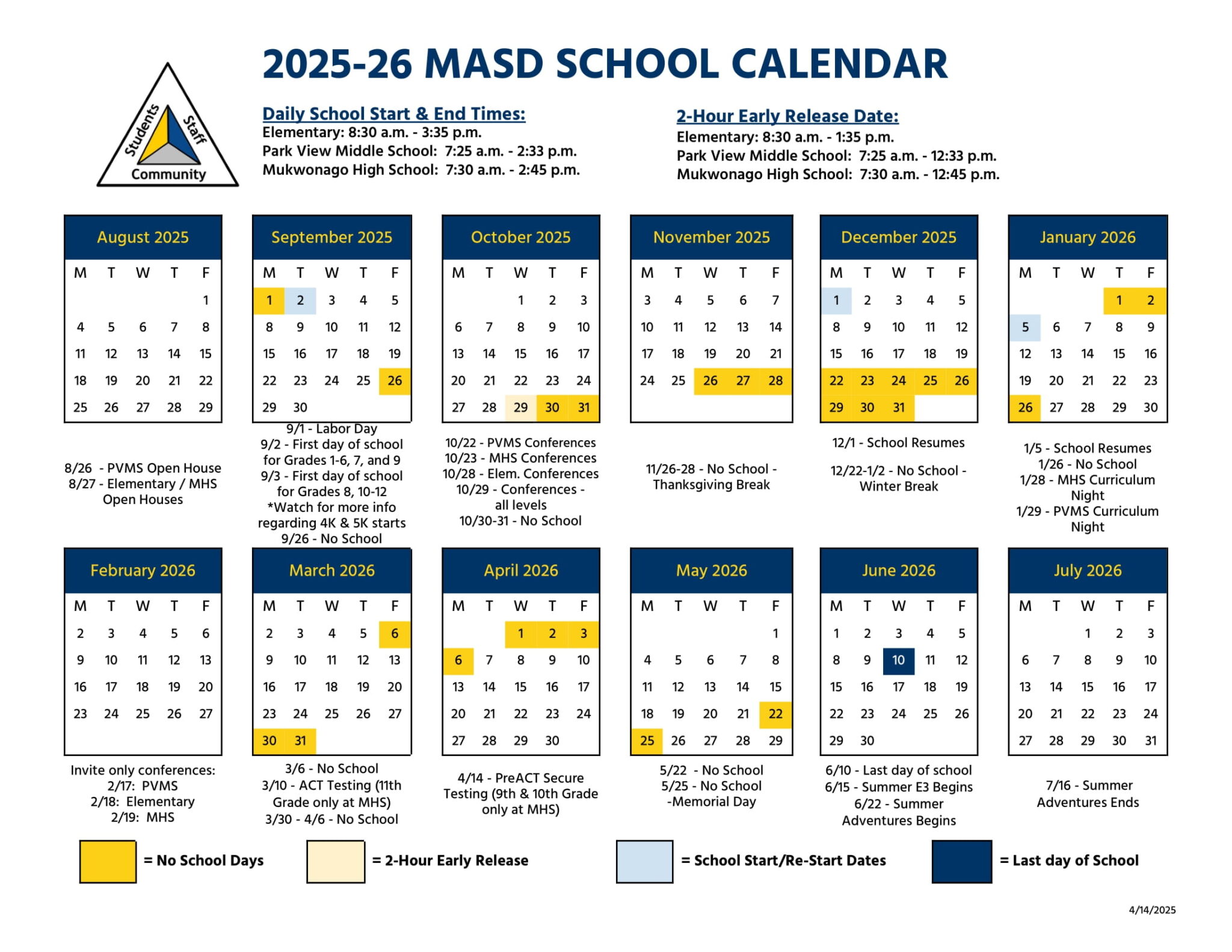 Mukwonago Area School District masd Calendar 25-26 Revised [PDF ...