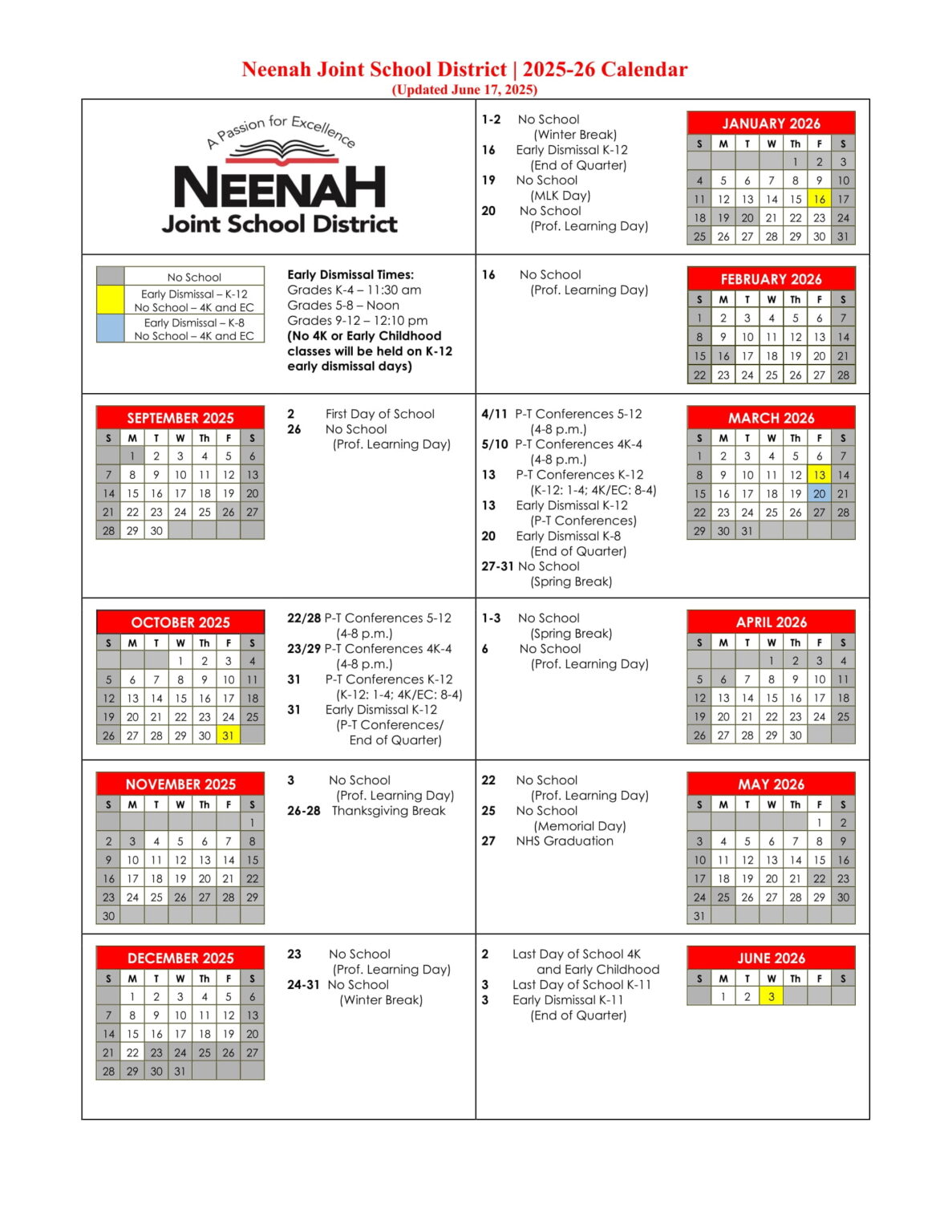 Neenah Joint School District Calendar 25-26 Revised [PDF] - EduCounty