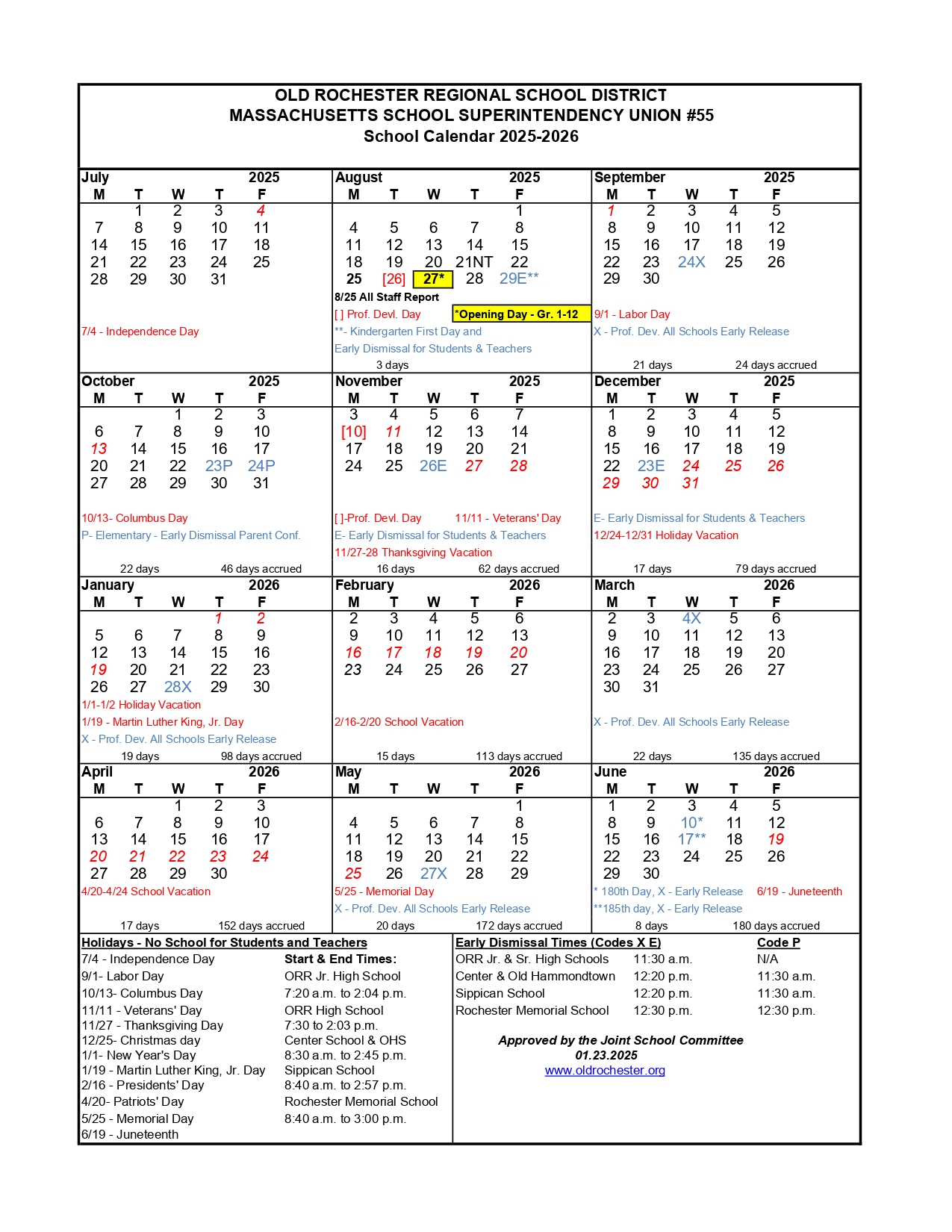 Old Rochester Regional School District Calendar 25-26 Revised [PDF ...