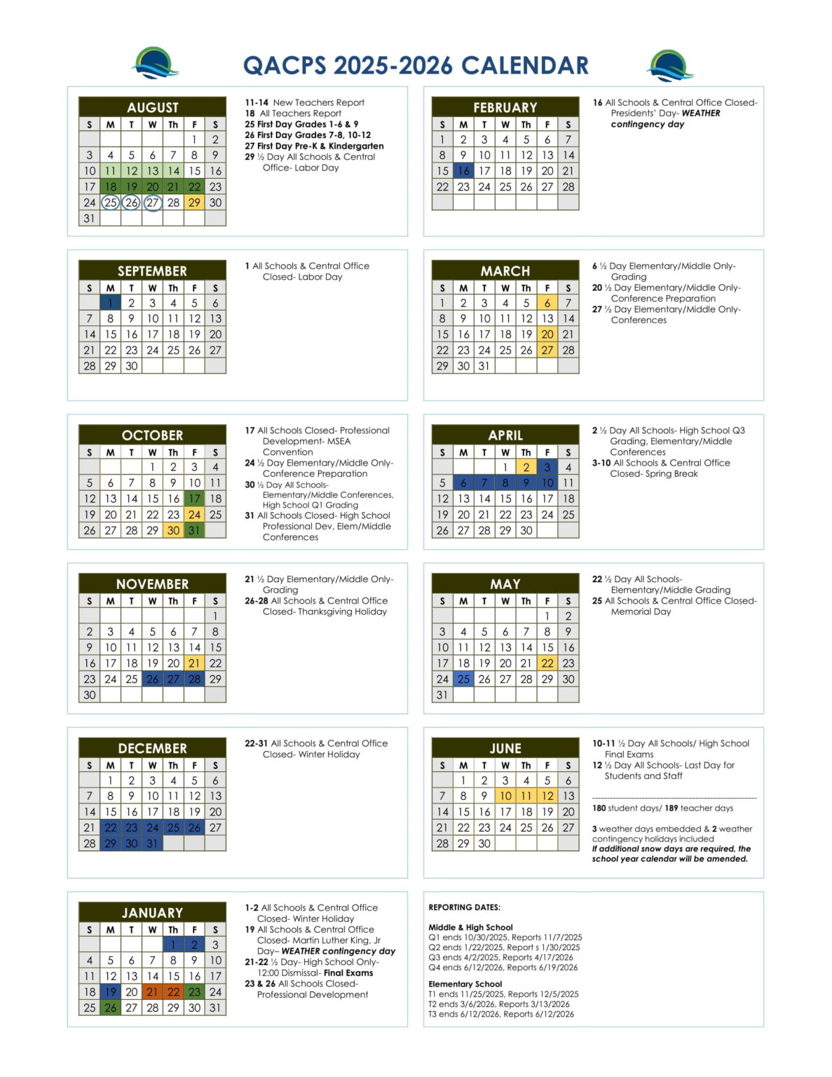 QACPS Queen Anne's County Public School Calendar 25-26 Revised [PDF] - EduCounty
