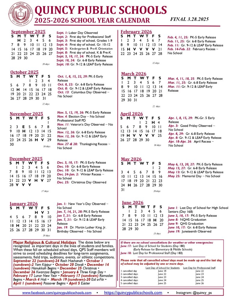Quincy Public Schools Calendar 25-26 Revised [PDF] - EduCounty