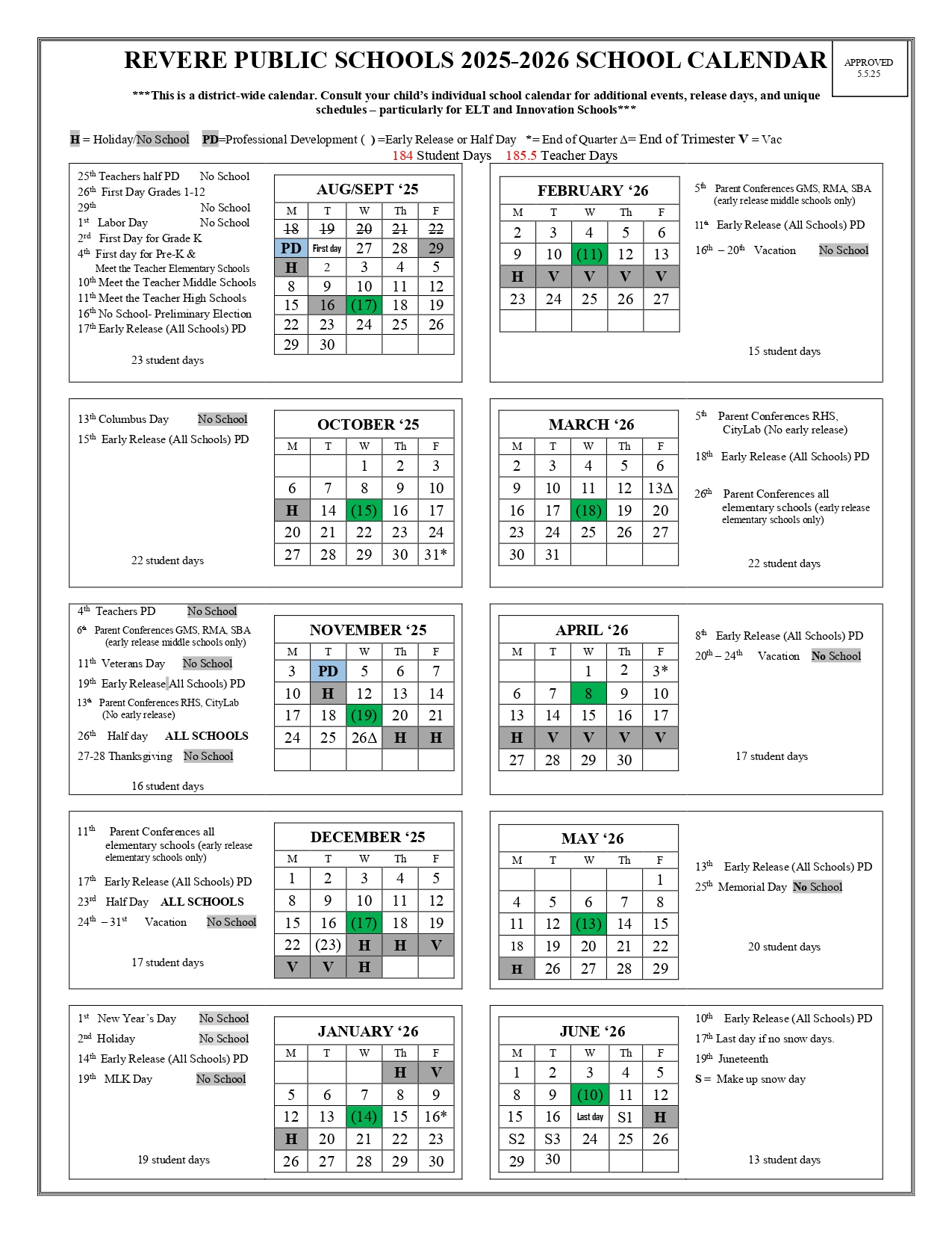 Revere Public Schools ma Calendar 25-26 revised [PDF] - EduCounty