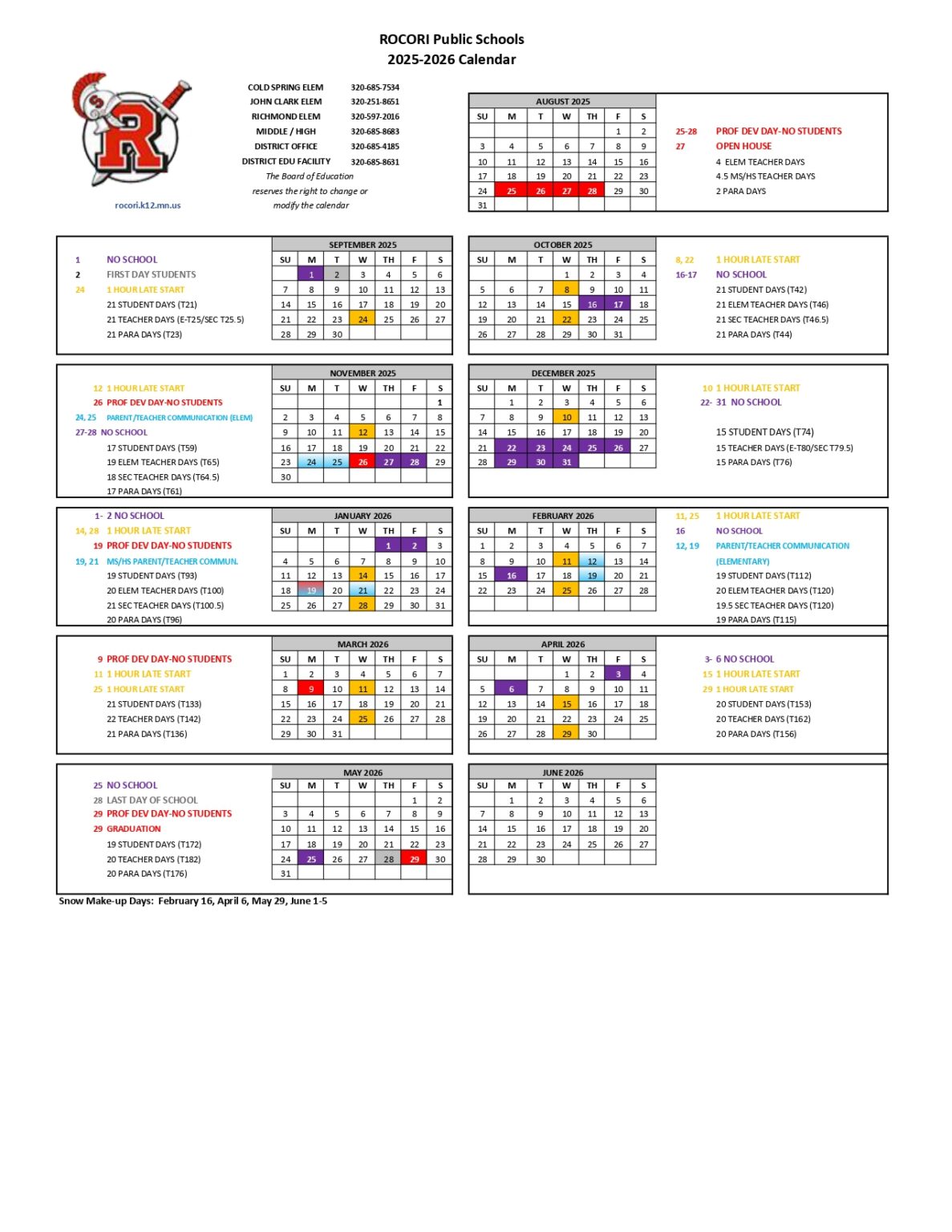 Rocori School District MN Calendar 25-26 Revised [PDF] - EduCounty