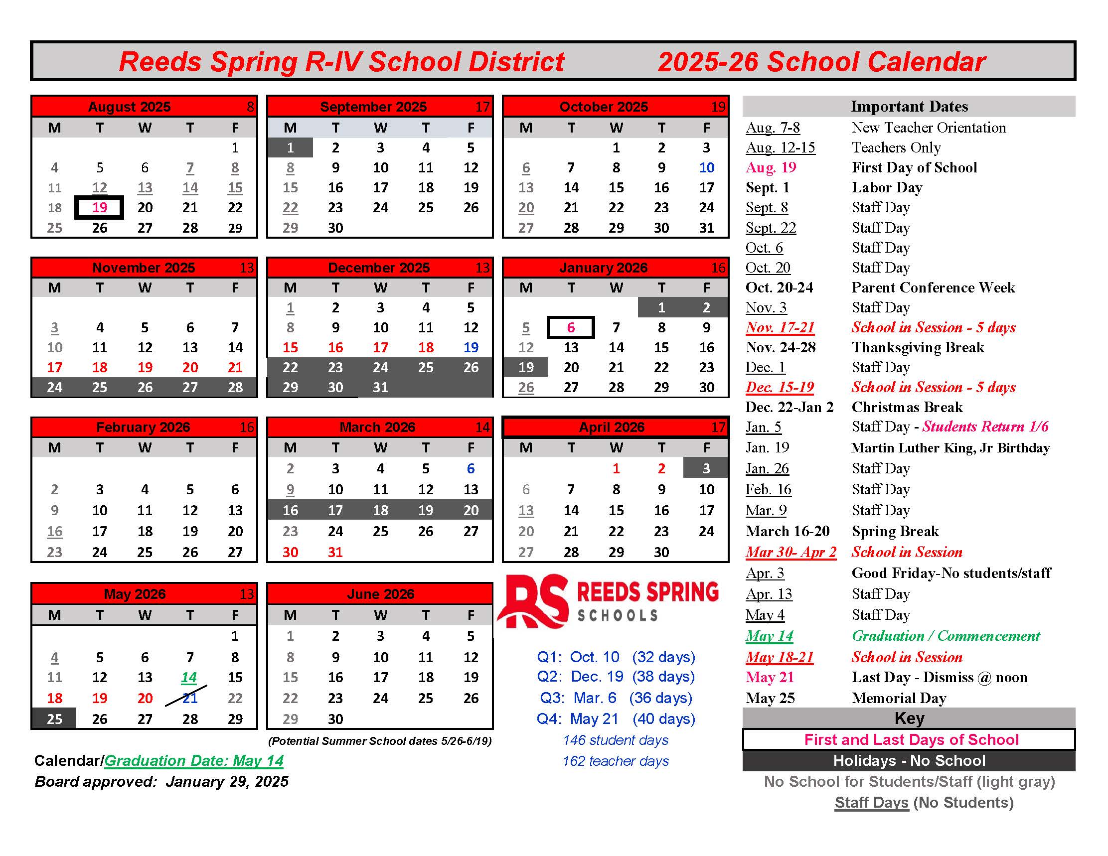 Reeds Spring R-IV School District Calendar 25-26 Revised [pdf] - EduCounty