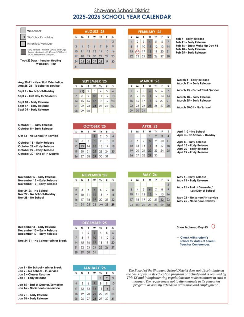 Shawano School District wi Calendar 25-26 Revised [PDF] - EduCounty