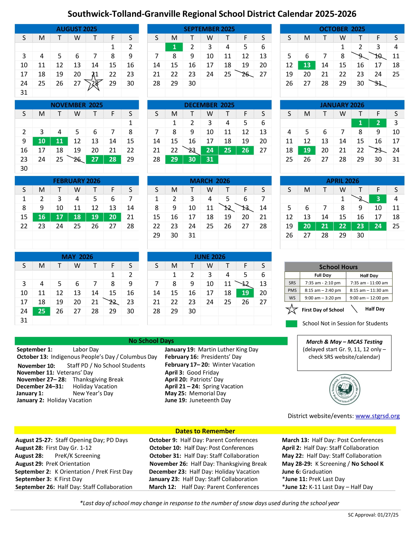 Southwick-Tolland-Granville Regional School Calendar 25-26 Revised [PDF ...