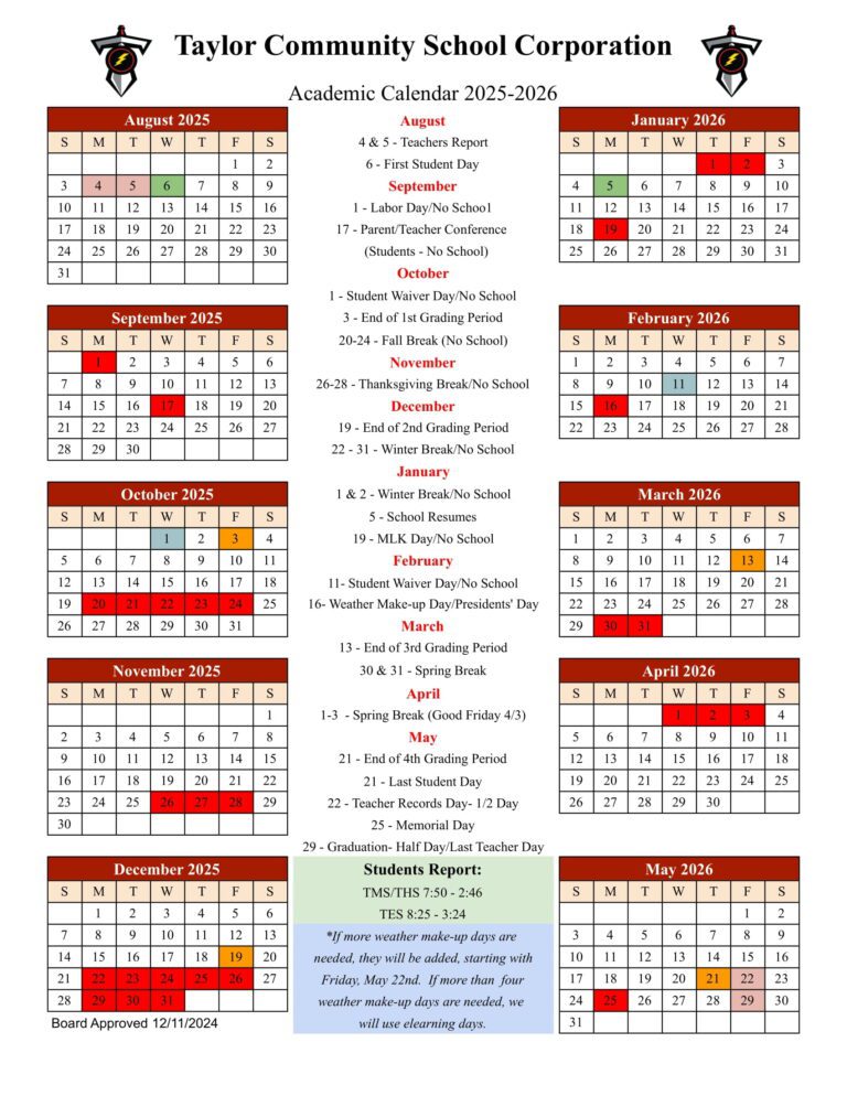 Taylor Community School Corporation Calendar 25-26 Revised [PDF ...