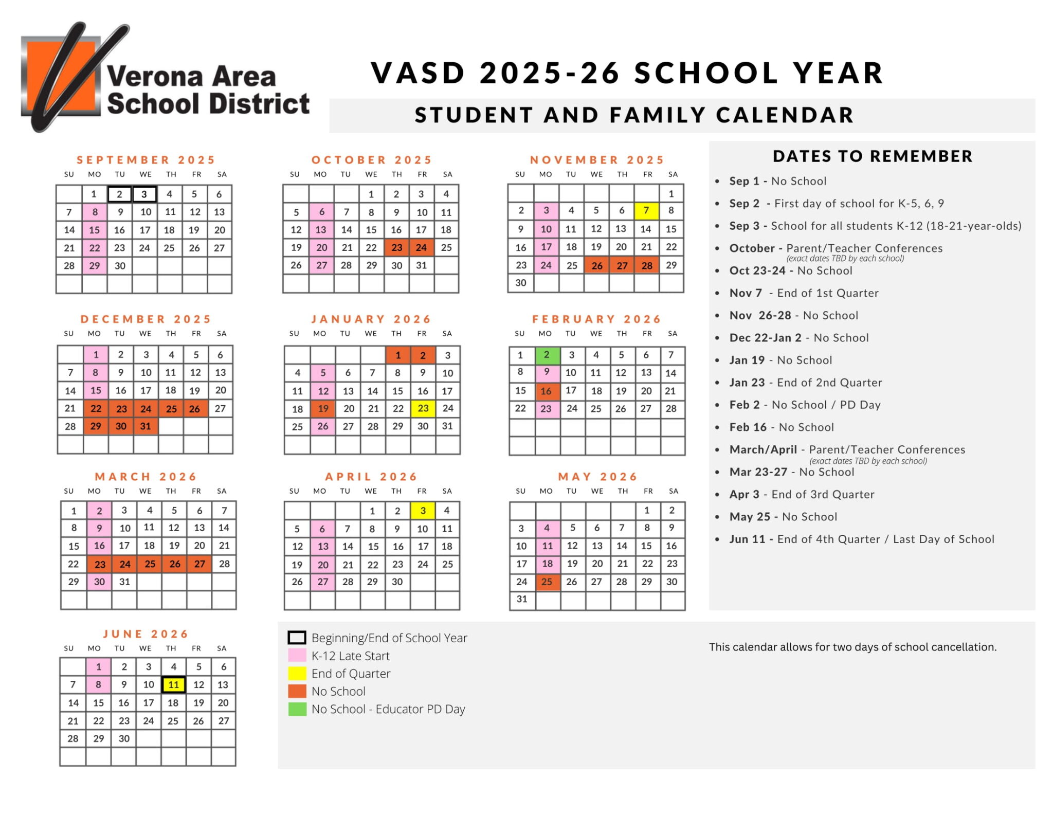 Verona Area School District wi Calendar 25-26 Revised [PDF] - EduCounty