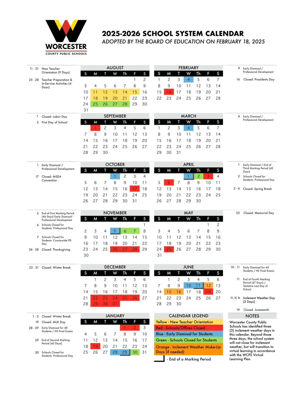 WORCESTER COUNTY PUBLIC SCHOOLS Calendar 25-26 Revised [PDF] - EduCounty