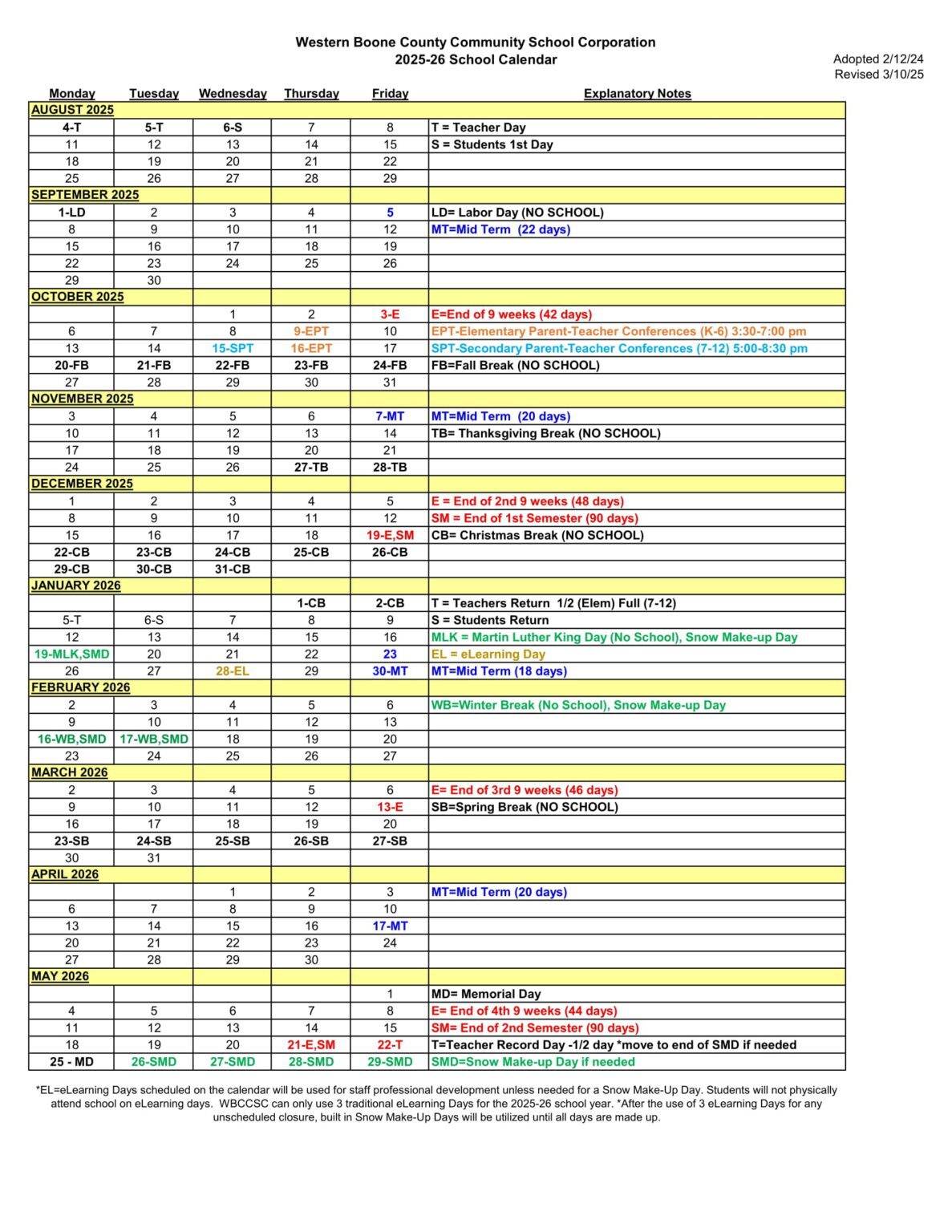 Western Boone County Community School Corporation Calendar 25-26 ...