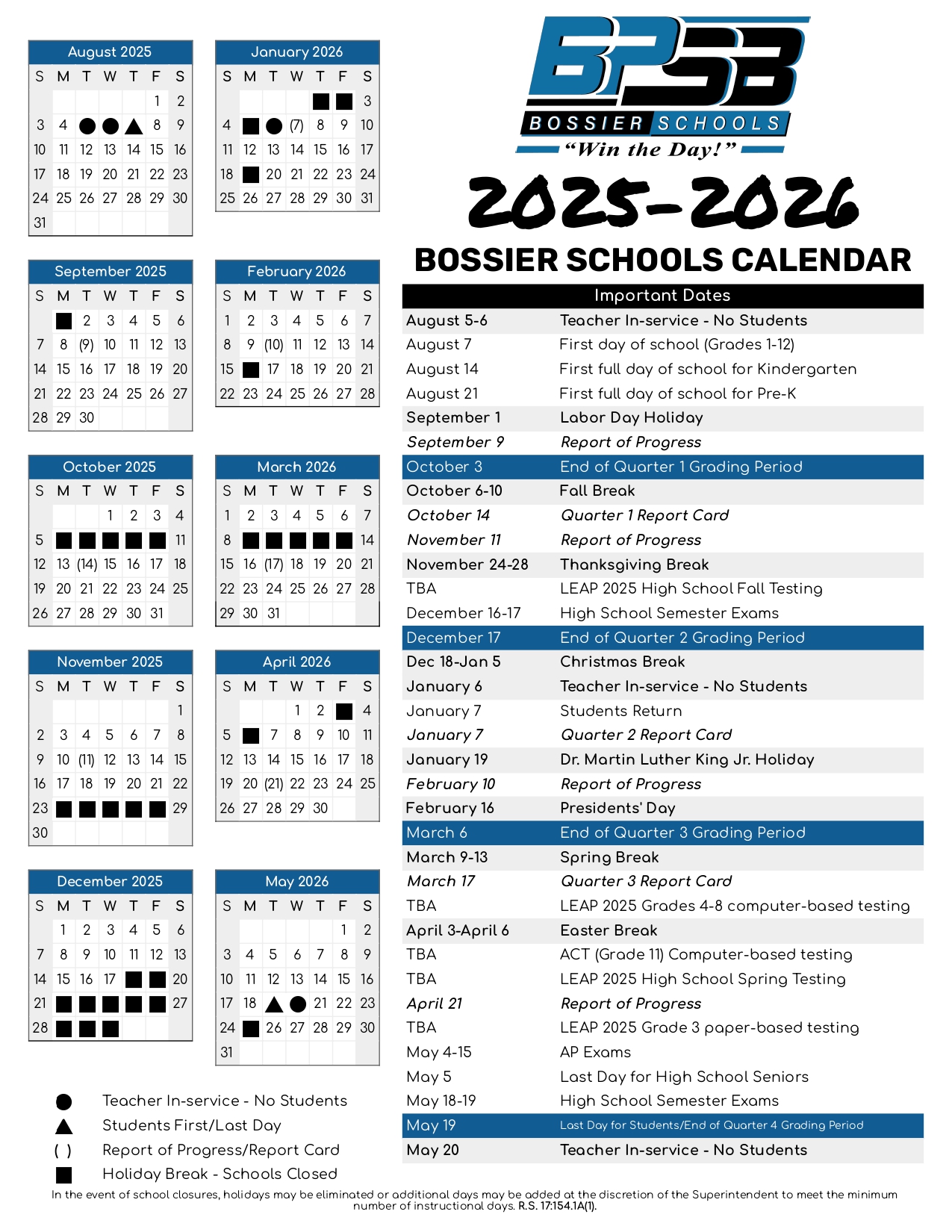 Bossier Parish Schools LA Calendar 25-26 Revised [pdf] - EduCounty