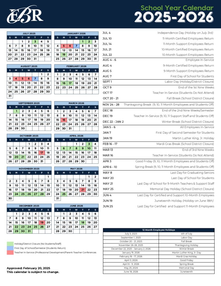 Baton Rouge Parish School System EBR Calendar 25-26 Revised [pdf ...