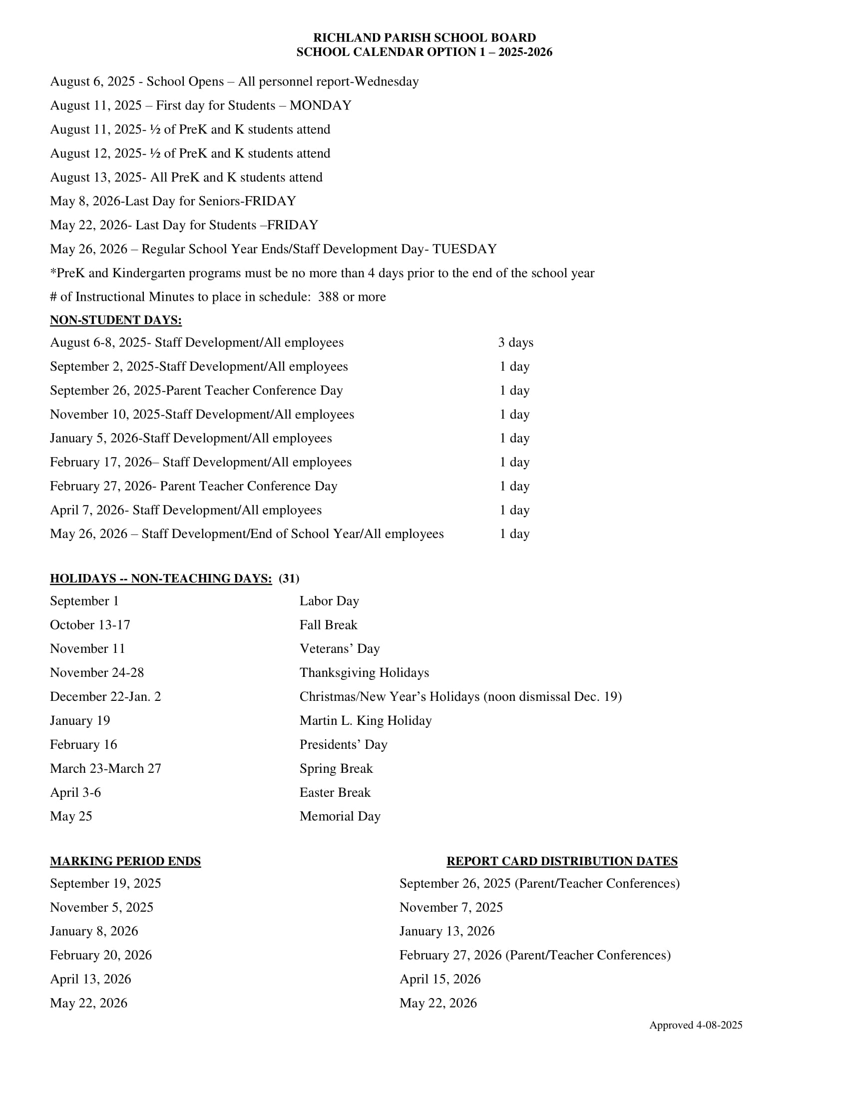 Richland Parish School la School Calendar 25-26 Revised [pdf] - EduCounty