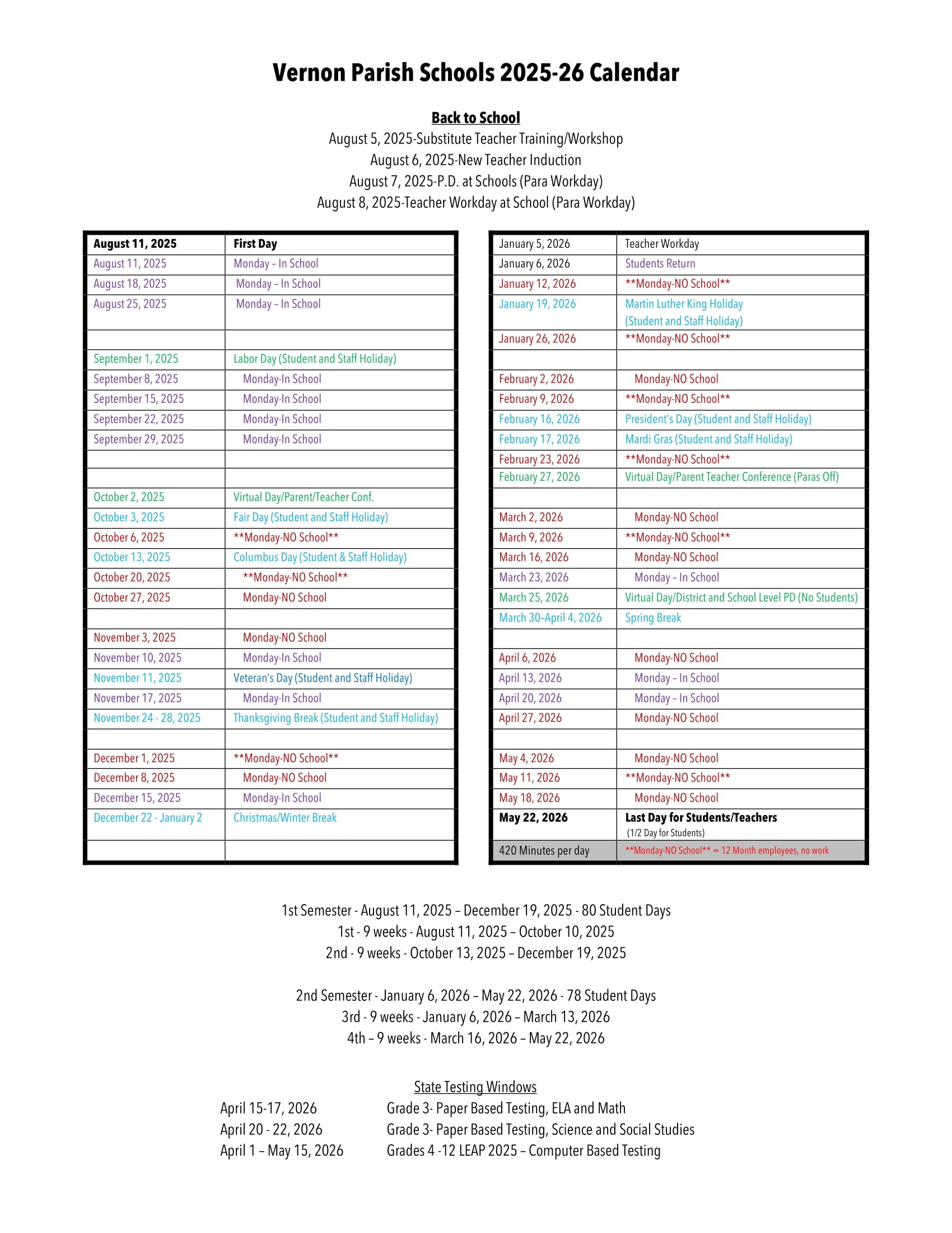 Vernon Parish Schools la Calendar 25-26 Revised [PDF] - EduCounty