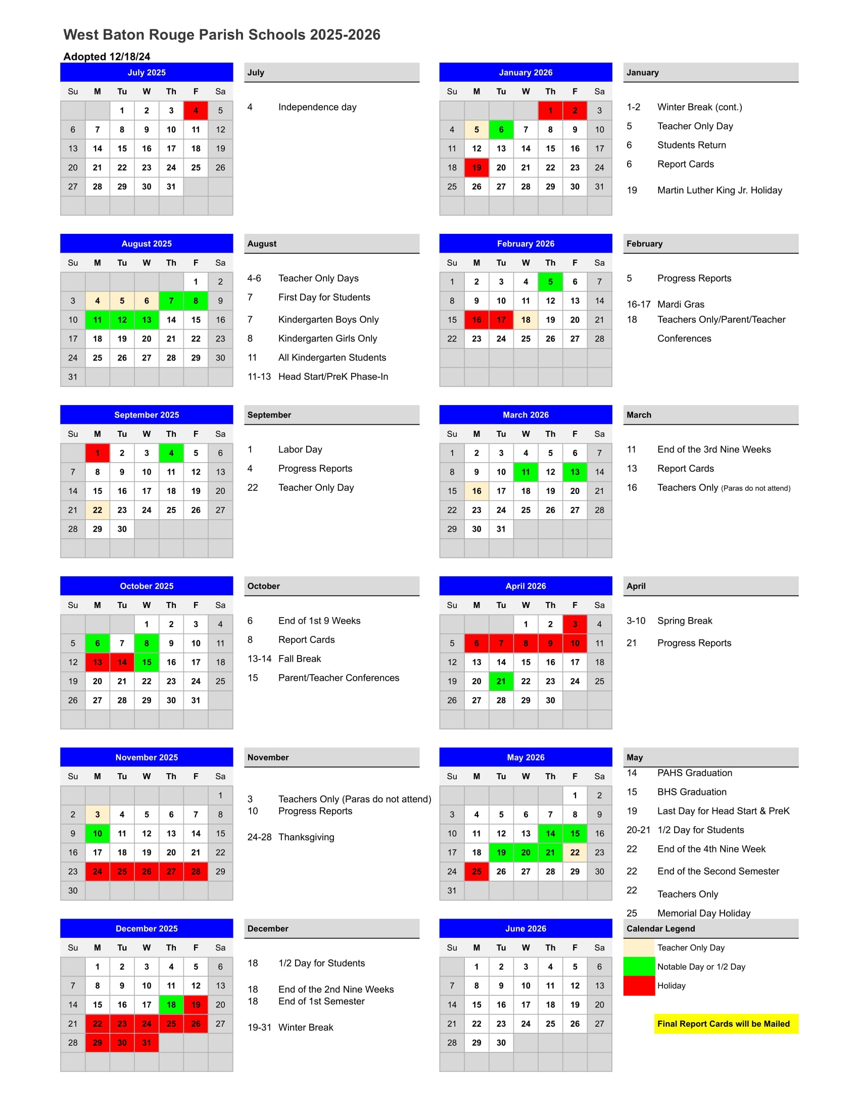 West Baton Rouge Schools la Calendar 25-26 Revised [PDF] - EduCounty